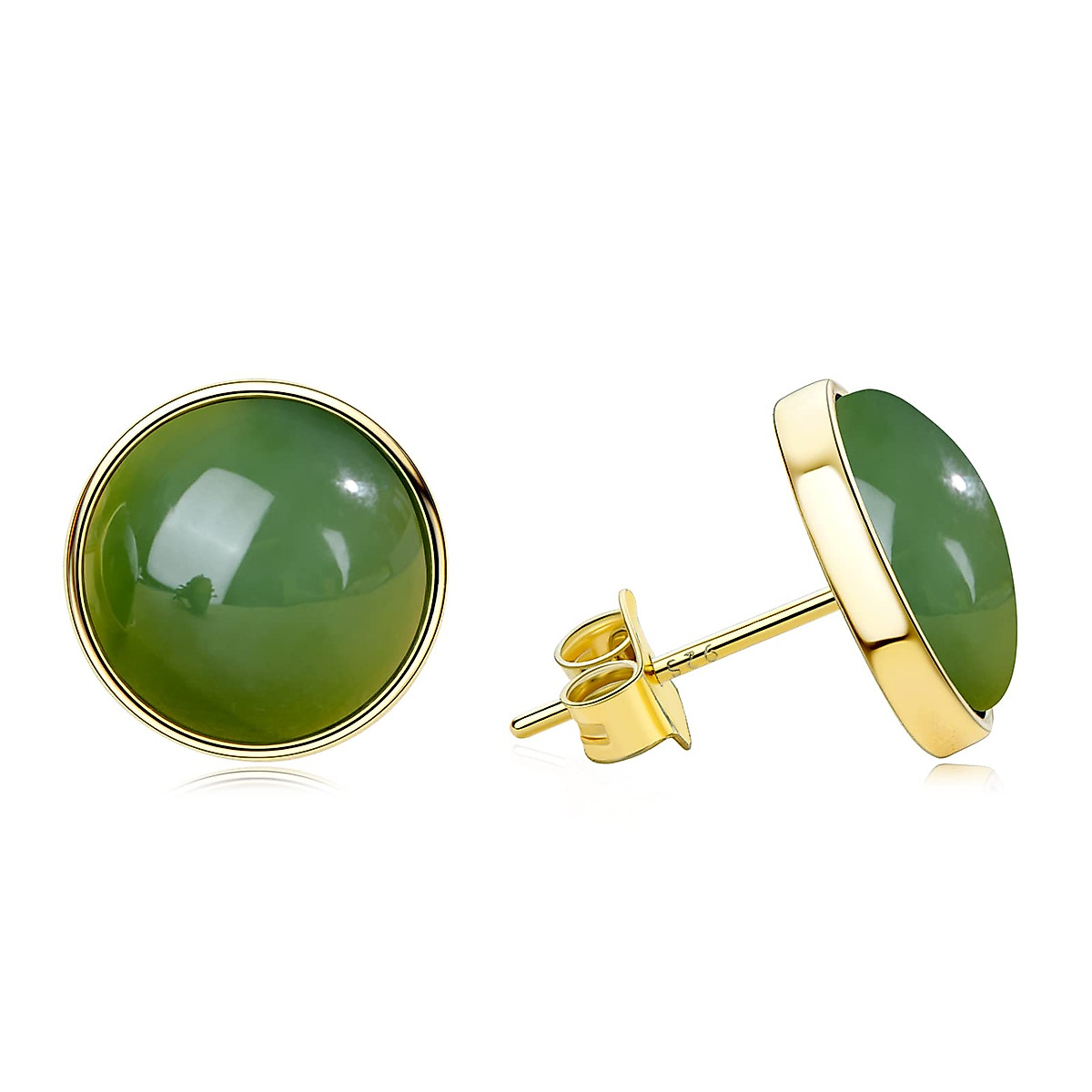 DENGGUANG Jade Stud Earrings for Women, Natural Real Green Jade 14k Yellow Gold Plated Sterling Silver Hypoallergenic Earrings, Jewelry Gifts for Wife Mom (Size:10mm)