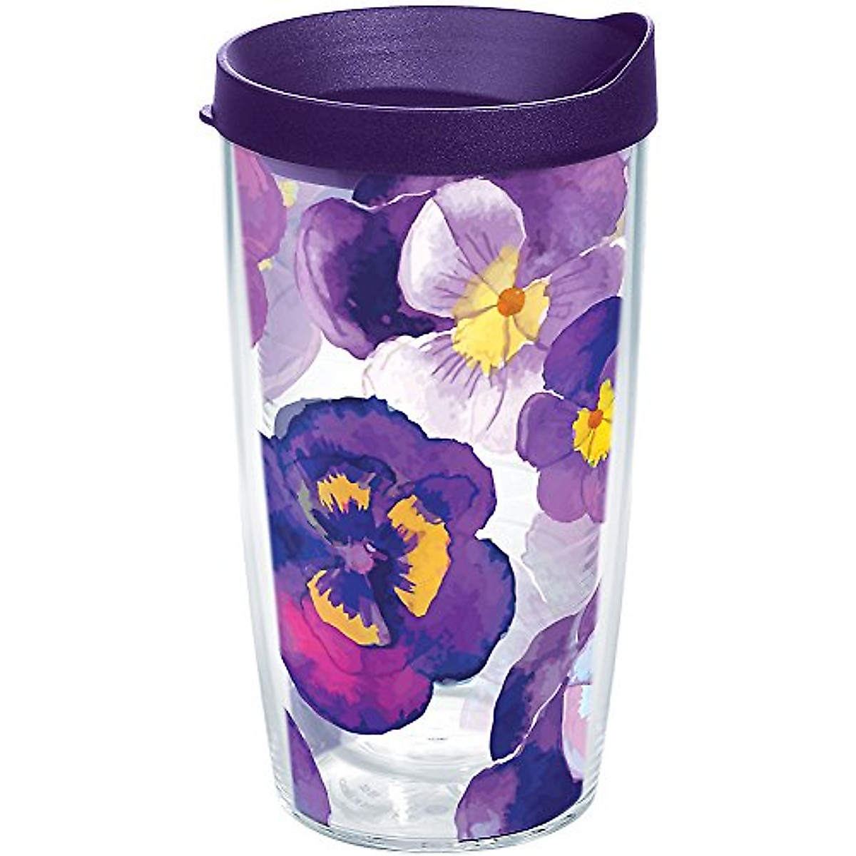 Tervis Watercolor Pansy Tumbler with Wrap and Royal Purple Lid 16oz, Clear