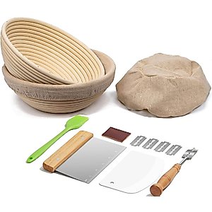 Banneton Bread Proofing Basket, 11 Pc Sourdough Starter Kit, 1 x Round 9 Inch Basket, Lame, Blades, Scrappers, Cotton Cover, Silicone Brush, & More - Sourdough Bread Baking Starter Kit (13)