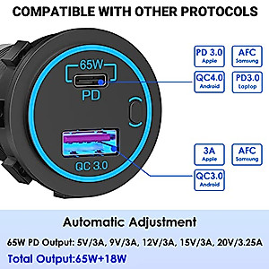 83W 12V USB Outlet Laptop Charger: Newest 2 Pack 65W USB-C PD3.0 and 18W QC3.0 Multi Car USB Port 12V Socket Waterproof with Power Switch for Car Boat Marine Bus Truck Golf Cart RV Moto, etc.