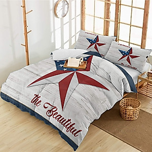 3 Pieces Duvet Cover Bedding Set Queen 4th of July Independence Day Patriotic Star Breathable Ultra Soft Comforter Cover with Zipper and Pillowcases Luxury Quilt Covers for Bedroom Vintage Wood Board