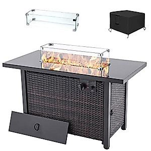 43 in Propane Gas Fire Pit Table, 50,000 BTU Auto-Ignition PE Wicker Gas Fire Pit Table with Glass Wind Guard, Waterproof Cover, CAS Certified for Courtyard Terrace Gardens.