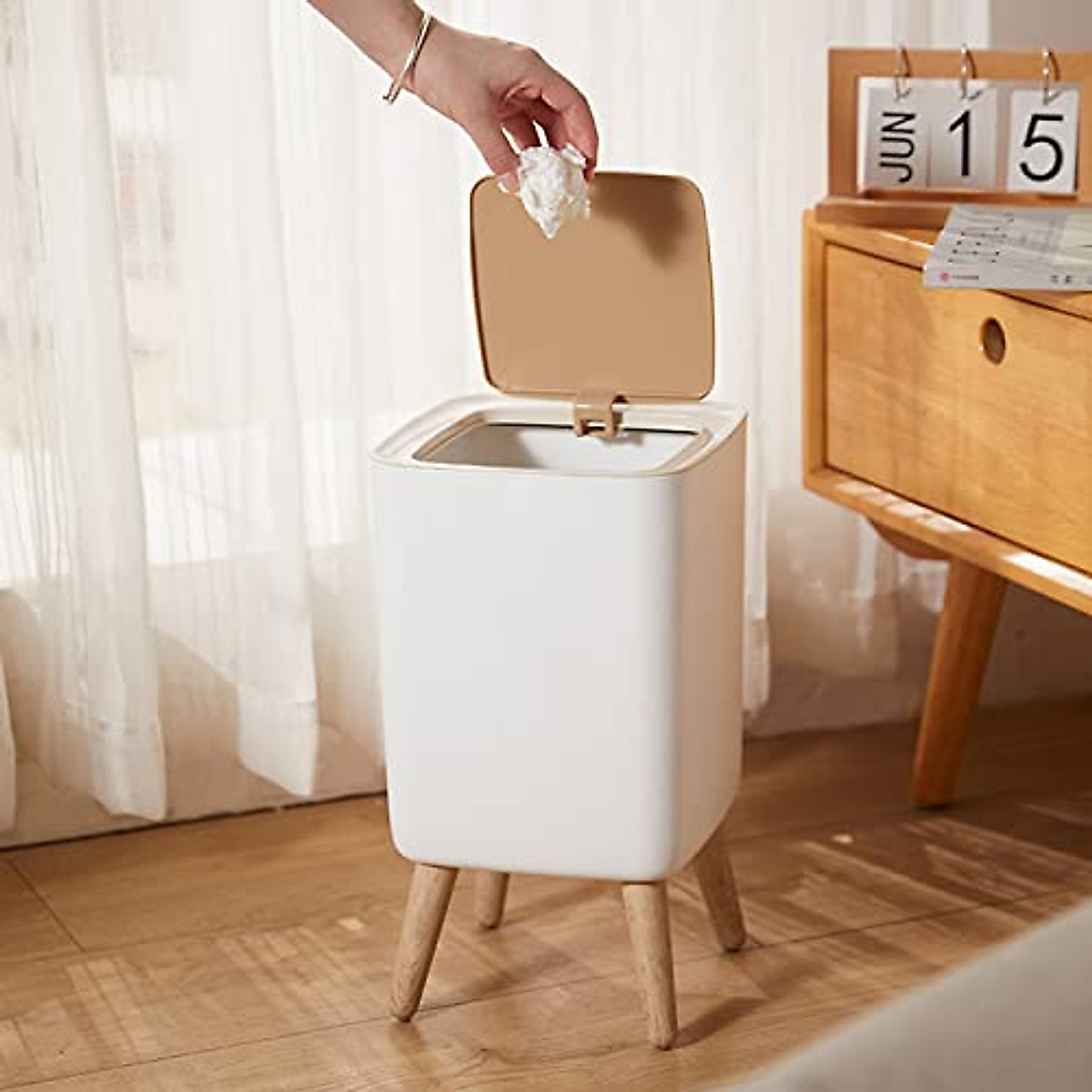 Nordic Style Trash Can,Push Top Garbage Bin with Lid,White Top Spring Waste Basket,Dog Proof Trash can，Plastic Trash Bin Suitable for Kitchen,Bathroom,Bedroom,Living Room,Office,Outdoor