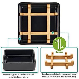 Wooden Bamboo Square Soap Dishes for Bar Soap Holder for Shower with Drain for Bathroom Small Soap Dish Detachable（Double Pack Right Angle Black）