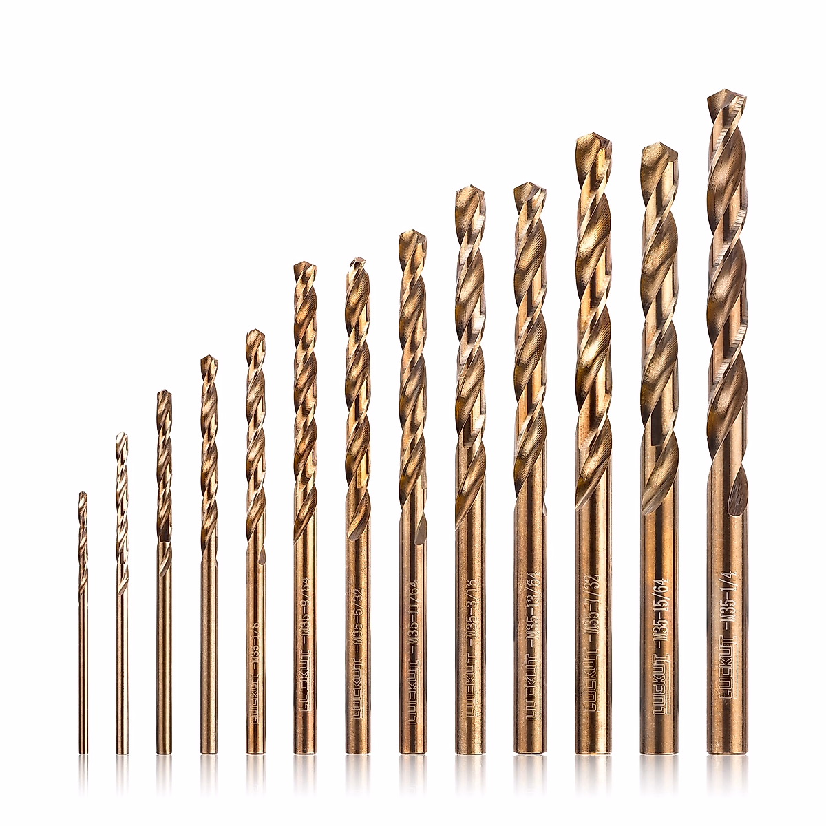 LUCKUT Cobalt Drill Bit Set- 13Pcs M35 High Speed Steel, Twist Jobber Length for Metal, Cast Iron and Wood Plastic with Metal Indexed Storage Case, 1/16"-1/4"