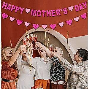 JOZON Happy Mother's Day Banner and Heart Banner Rose Red Pink Glitter Mothers Day Garland Banner with Heart Signs Thanks Mom Best Mom Ever Family Photo Props Backdrops Mother’s Day Party Decorations