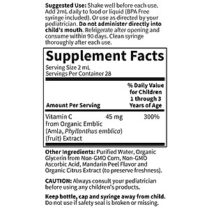 Garden of Life Baby Vitamin C Drops for Infants and Toddlers, Organic Whole Food Liquid Vitamin C 45mg Immune Support for Babies from Amla Fruit, Citrus Flavor, Vegan & Gluten Free, 56 mL (1.9 fl oz)