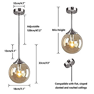KCO Lighting Modern Glass Globe Pendant Light Nordic Brushed Nickel Pendant Lights Single Glass Ball Chandelier Adjustable Hanging Light Fixtures Kitchen Pendant Lighting Over Island (Amber)