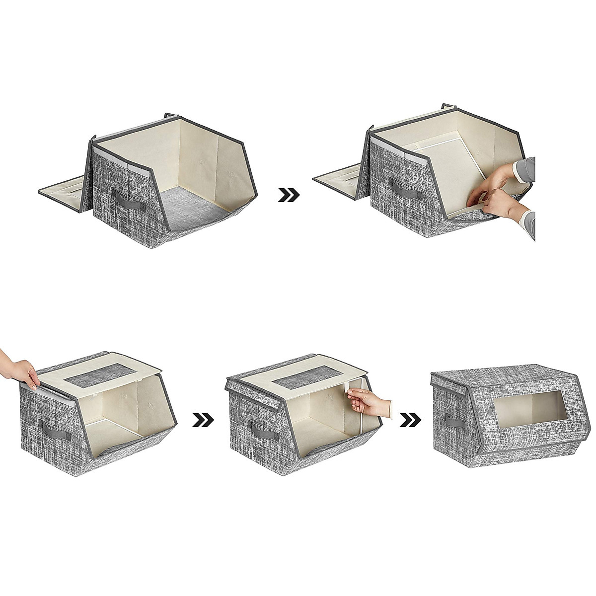 SONGMICS Stackable Storage Bins Set of 2, Fabric Storage Boxes with Lids, Storage Cubes with Magnetic Closures, Front Windows, Lids Can Stay Open after Stacking, Light Gray URLB002G02