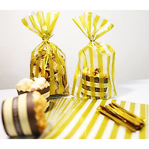 HOPEMT (200 pcs)100 pcs Gold Stripes Translucent Plastic Bags/Cellophane Bags with 100 pcs Gold Twist Ties for Cookie,Cake,Chocolate,Candy,Snack Wrapping Good for Bakery Party