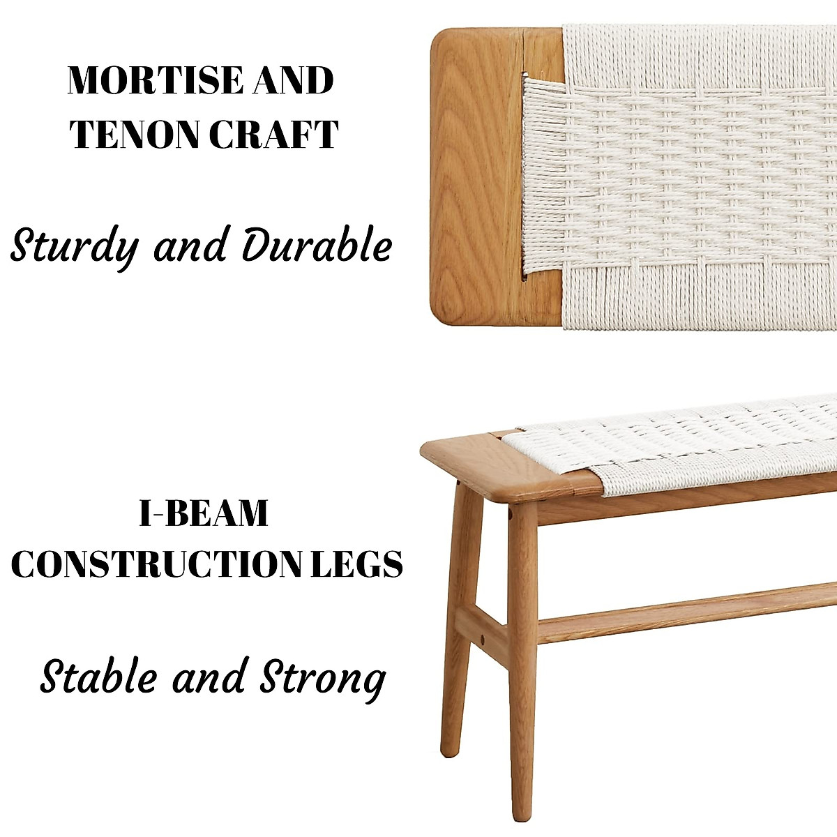 Grewood Wood Dining Bench,100% Natural Solid Oak with Rattan Design, Rounded Edge, Bench for Entryway Hall, Dining Room,Bedroom, Living Room (Off-White, 31.49 inch)