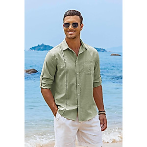 COOFANDY Guayabera Shirts for Men Long Sleeve Linen Cuban Shirts for Men Casual Button Down Shirts Beach Shirts Light Green