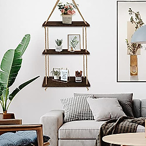 Iwaiting Outdoor Hanging Shelves for Wall, 3 Tier Antique Wood Floating Hanging Shelf with Handmade Twine Weaving Process, Suitable for Bedroom Living Room Bathroom Hanging Window Plant Shelves Decor