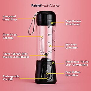 PATRIOT HEALTH ALLIANCE Patriot Power Blender, Portable, Cord-Free USB Rechargeable Mini Blender, Make Smoothies, Protein Shakes, Slushies for Kids & Margaritas On-The-Go, Ideal for Travel, Gym, Camping