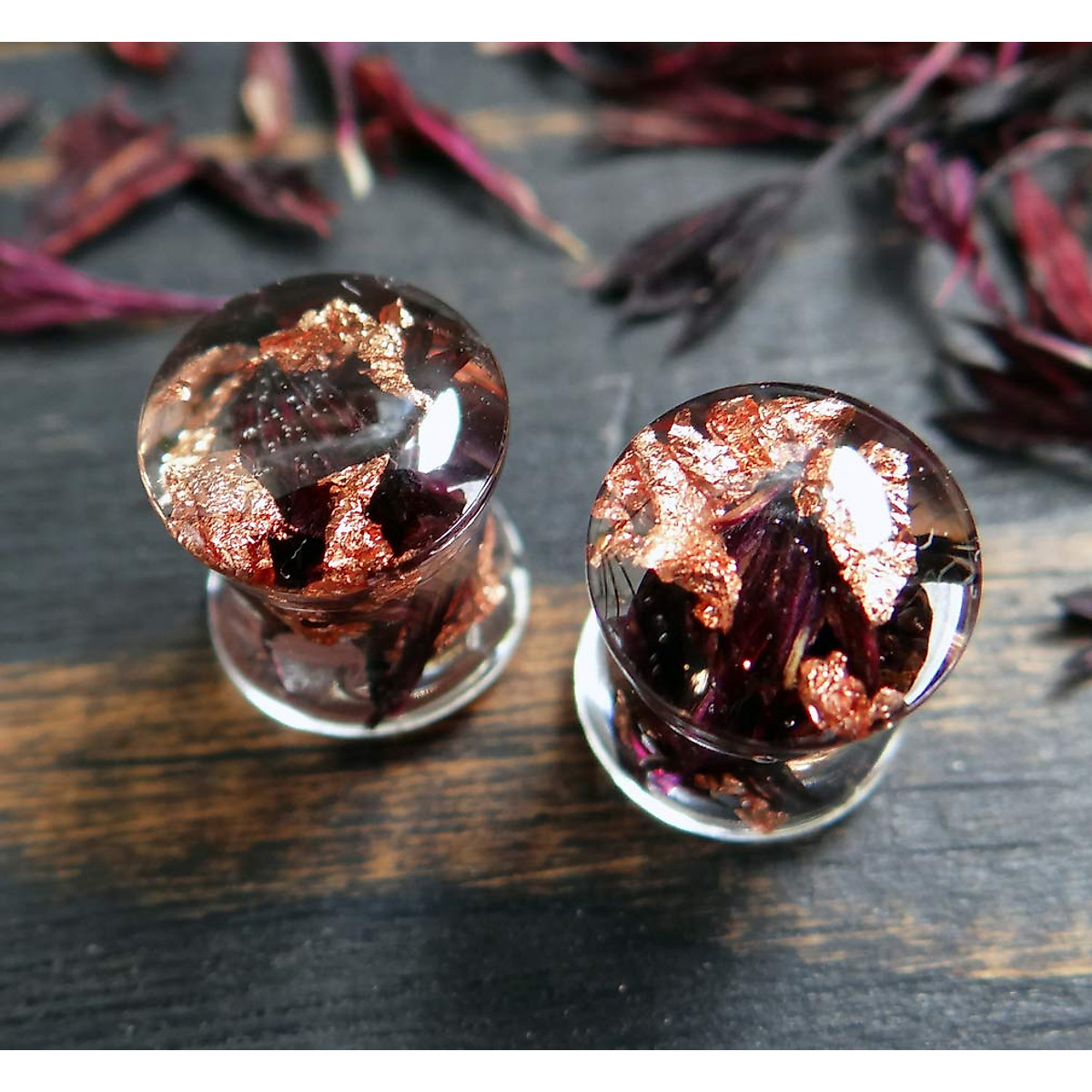 ETERNIADA Black Cornflower Ear gauges Flower Plugs Piercing Body Jewelry Tunnels Pressed Flower and Rose Gold foil Flakes Jewelry Birthday Gifts Resin Plug Earrings (22mm / 7/8" / Pair)