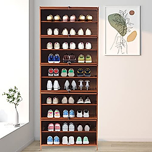 Hteedy 67 inch 10-Tier Bamboo Shoe Rack Cabinet Wooden Shelf Stand Storage Book Shelf Organizer Entryway Bamboo [Magnetic FLIP-UP Door] 30 Pair Shoe Storage Cabinet