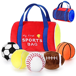 Skylety 6 Pieces My Soft Sports Bag Stuffed Plush with Sound Playset Stuffed Plush Soccer Ball, Basketball, Tennis, Baseball, Football for Little Teenager Party Favor Sports Game