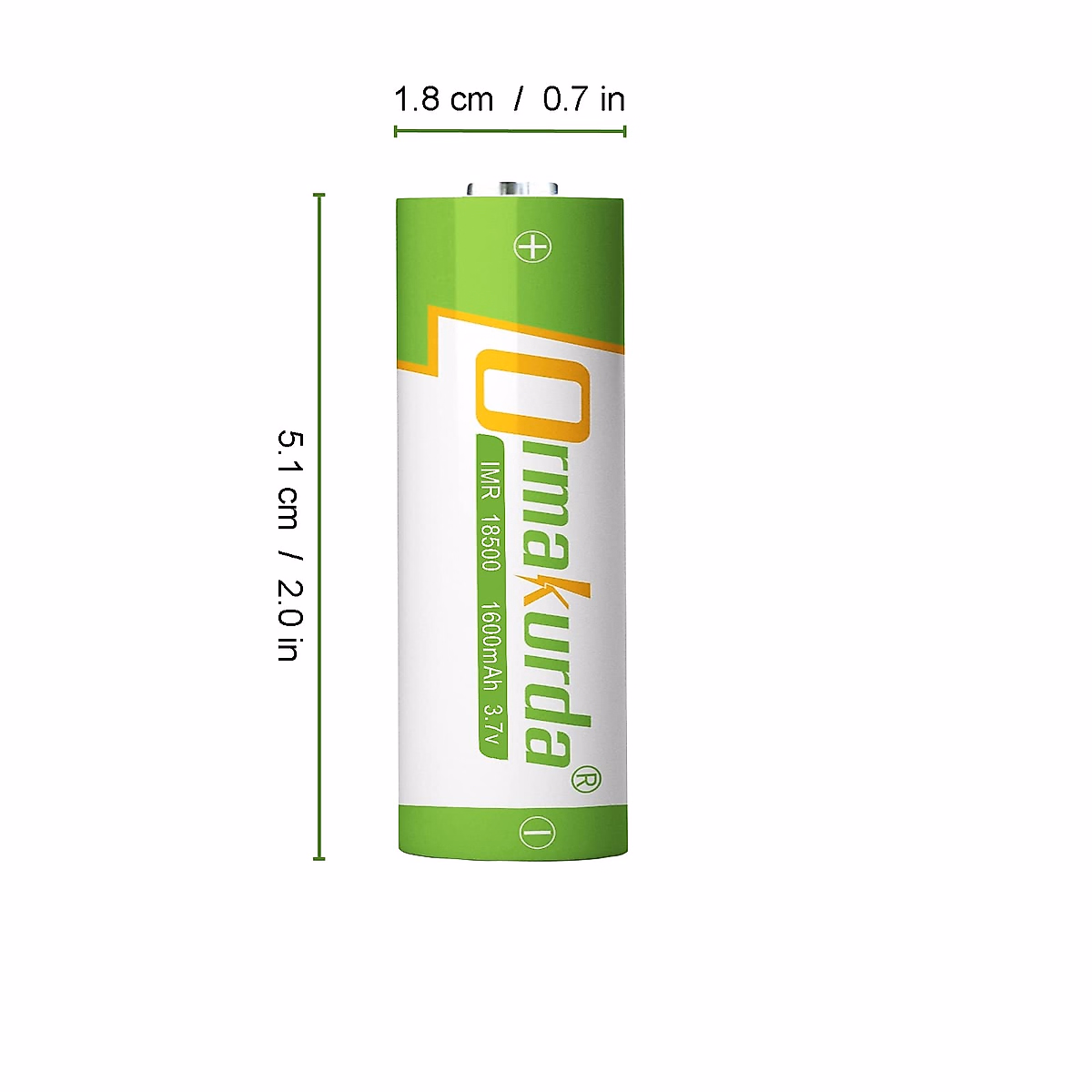 Ormakurda 18500 Rechargeable Battery, IMR 18500 1600mAh 3.7V Li-ion Rechargeable Batteries with Button Top,for Flashlight, Solar Garden Light (2Pack)