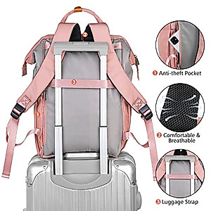 MOMUVO Travel Backpack for Women Laptop Backpack 15.6 Inch,School College Bookbag Work Bag with USB Charging Port,Casual Daypack Teacher Backpack Pink Grey