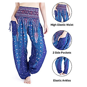 Lannaclothesdesign Women's Smocked Waist Boho Flowy Yoga Harem Pants Hippie Clothes (L, Blue)