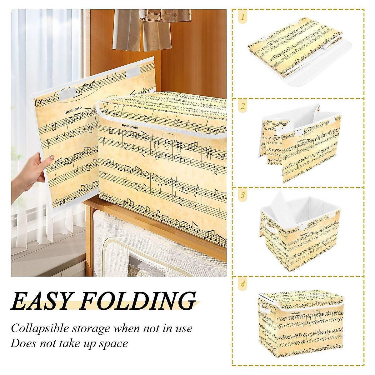 BiCca Music-sheet-old-pattern Large Fabric Storage Boxes with Handles, Large Foldable Storage Bin with Lid, for Shelves Closet Home Bedroom Office., style