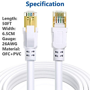 QIFGUO Cat 8 Ethernet Cable 50 ft Internet Network LAN Cable High Speed 2000Mhz 40Gbps RJ45 Cables for Gaming, Xbox, PS4, Modem, Router - Compatible for Cat7/Cat6e/Cat5e Network - White