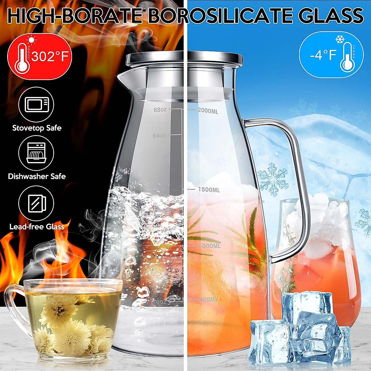 2 Pcs Glass Pitcher Water Pitcher Fridge with Lid and Handle Carafes and Pitchers Iced Tea Pitcher Hot Cold Water Heat Resistant Borosilicate Glass Jug for Water Juice Iced Tea (Simple Style,68 oz)