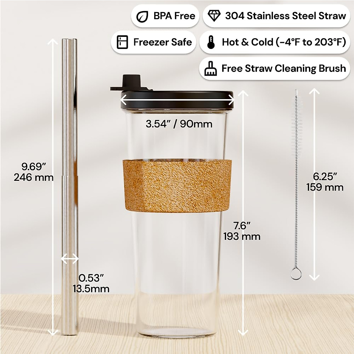 Dodoko Reusable Boba Cup and Straw Boba Tea Cup Bubble Tea Cup Reusable Iced Coffee Cup Cold Coffee Cup Smoothie Cup with Lid and Straw Smoothie Cup to go Smoothie Tumbler 24 oz - Night Black