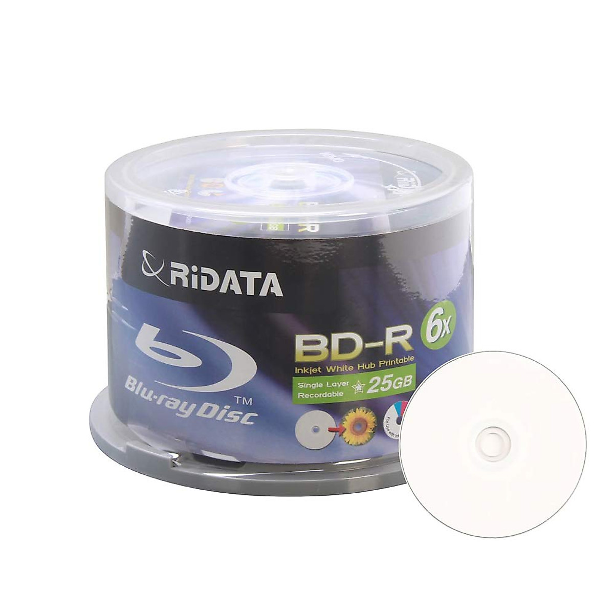 50 Pack Ridata 6X BD-R BDR 25GB Single Layer Blue Blu-ray White Inkjet Hub Printable Recordable Blank Media Disc with Spindle Packing