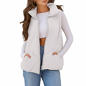 MEROKEETY Womens Puffer Vest Sleeveless Zip Up Quilted Coat Lightweight Stand Collar Gilet Jacket With Pockets White Large