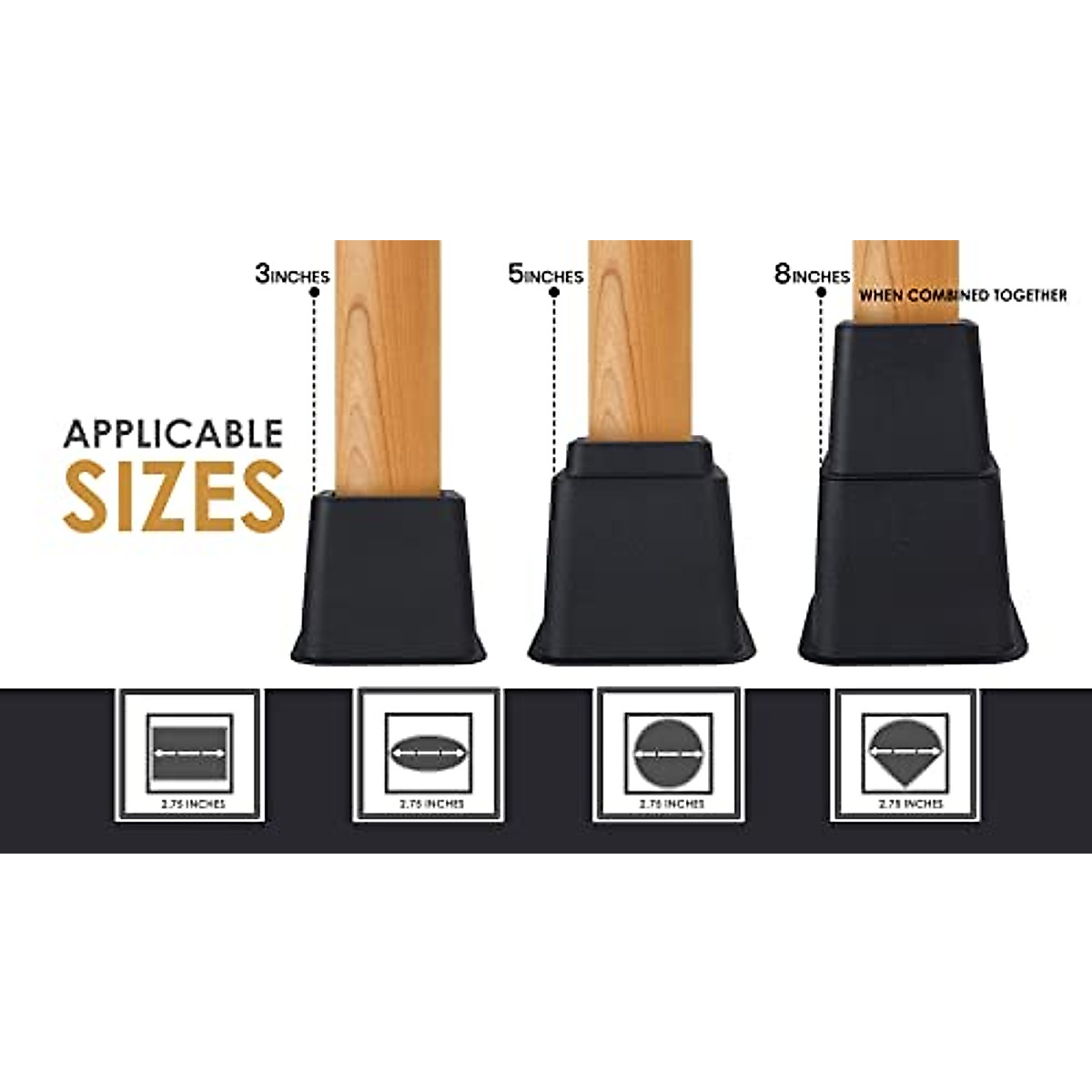 Oakias Bed Risers Black – Set of 4 – Adjustable Furniture Risers from 3, 5 up to 8 Inches – Heavy Duty (Supports up to 1300 lbs.)