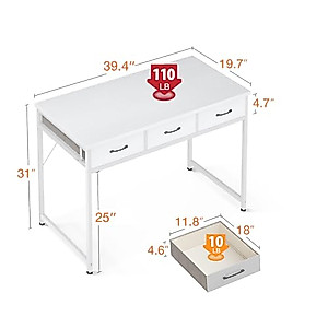 ODK 40 Inch Small Computer Desk with 3 Cloth Drawers for Home Office, Vanity Desk with Storage and Hook for Bedroom, Work Desk, Study Writing Table, White