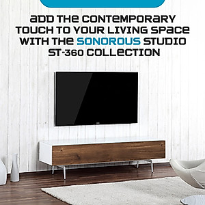 SONOROUS ST-360 Premium TV Stand for Living Room - Luxury Wood & Glass Media Console with Metal Legs - Modern Media Furniture with Storage - White TV Table Support up to 75" - Walnut Wood Cover