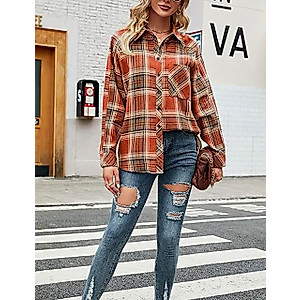 Zontroldy Womens Lightweight Flannel Shirt Plaid Buffalo Long Sleeve Button Down Oversized Flannels Shirts Blouse Tops (0199-Orange-M)