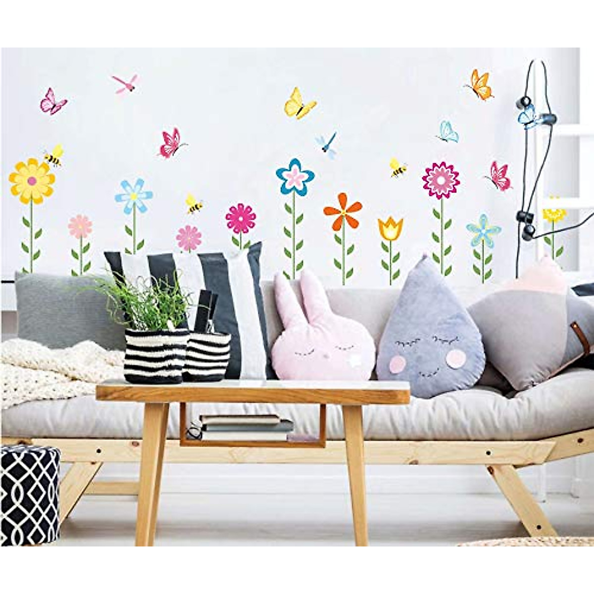 IKEYU Garden Flower Wall Decals Colorful Flower Wall Stickers Spring Garden Wall Stickers Flower Butterfly Wall Stickers for Bedroom Girls Room Kids Nursery