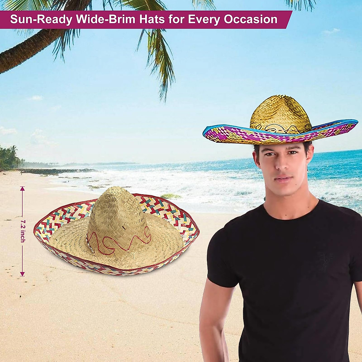 Fun Express 12 Pieces Sombreros Straw Hats with Drawstring for Adults - 24 Inch Brim - Authentic Mexican Style Brown