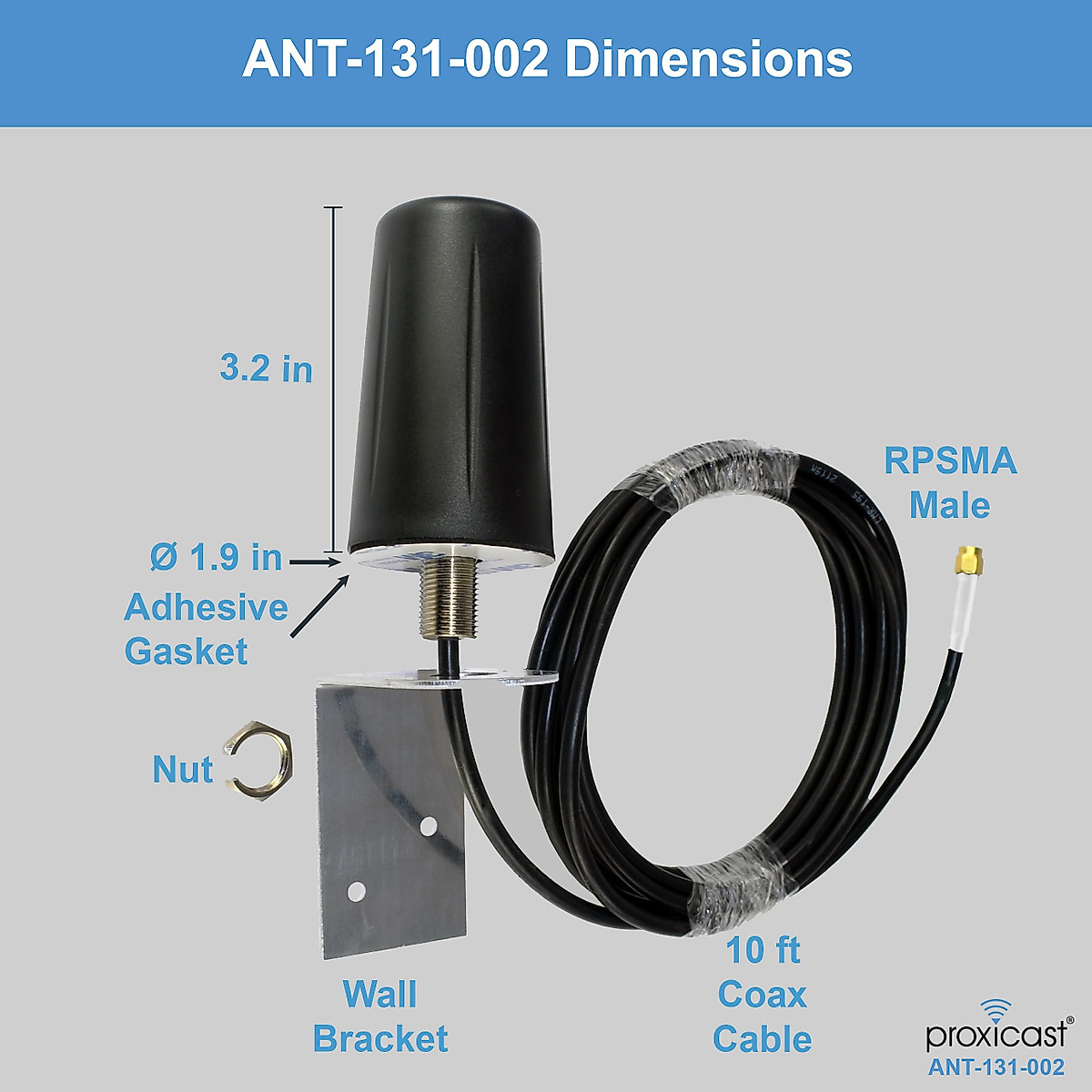 Proxicast Indoor/Outdoor Omnidirectional WiFi Antenna - Tri-Band 2.4/5.8/6 GHz - 3-5 dBi Gain - Vandal Resistant Low Profile Fixed Through-Hole Mount - 10 ft Coax Lead w/RP-SMA (ANT-131-002)