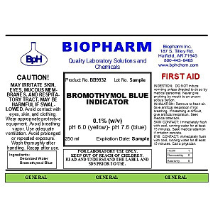 Biopharm Bromothymol Blue Indicator 0.1% (w/v) Aqueous Solution | 250 mL | Includes an Empty 50 mL Dropper Bottle and Dispensing Cap | pH 6.0 (Yellow)-pH 7.6 (Blue)
