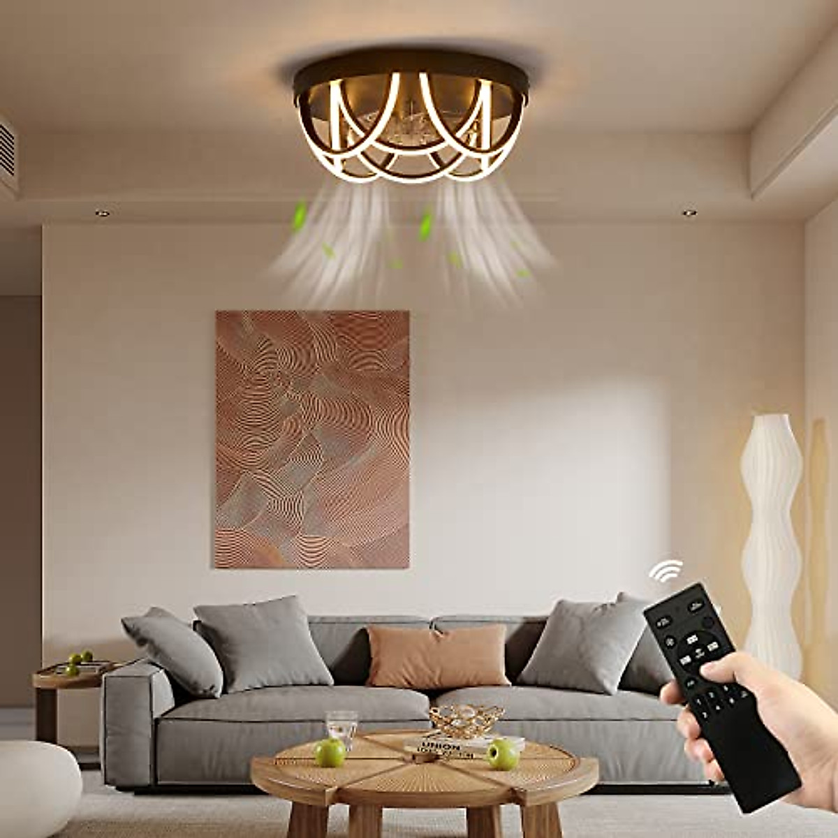 Ceiling Fan with Lights Flush Mount Ceiling Fan with Remote Control, 17 Inch Industrial LED Low Profile Ceiling Fan with Lights 3-Color Dimming for Bedroom Kitchen Dining Living Room