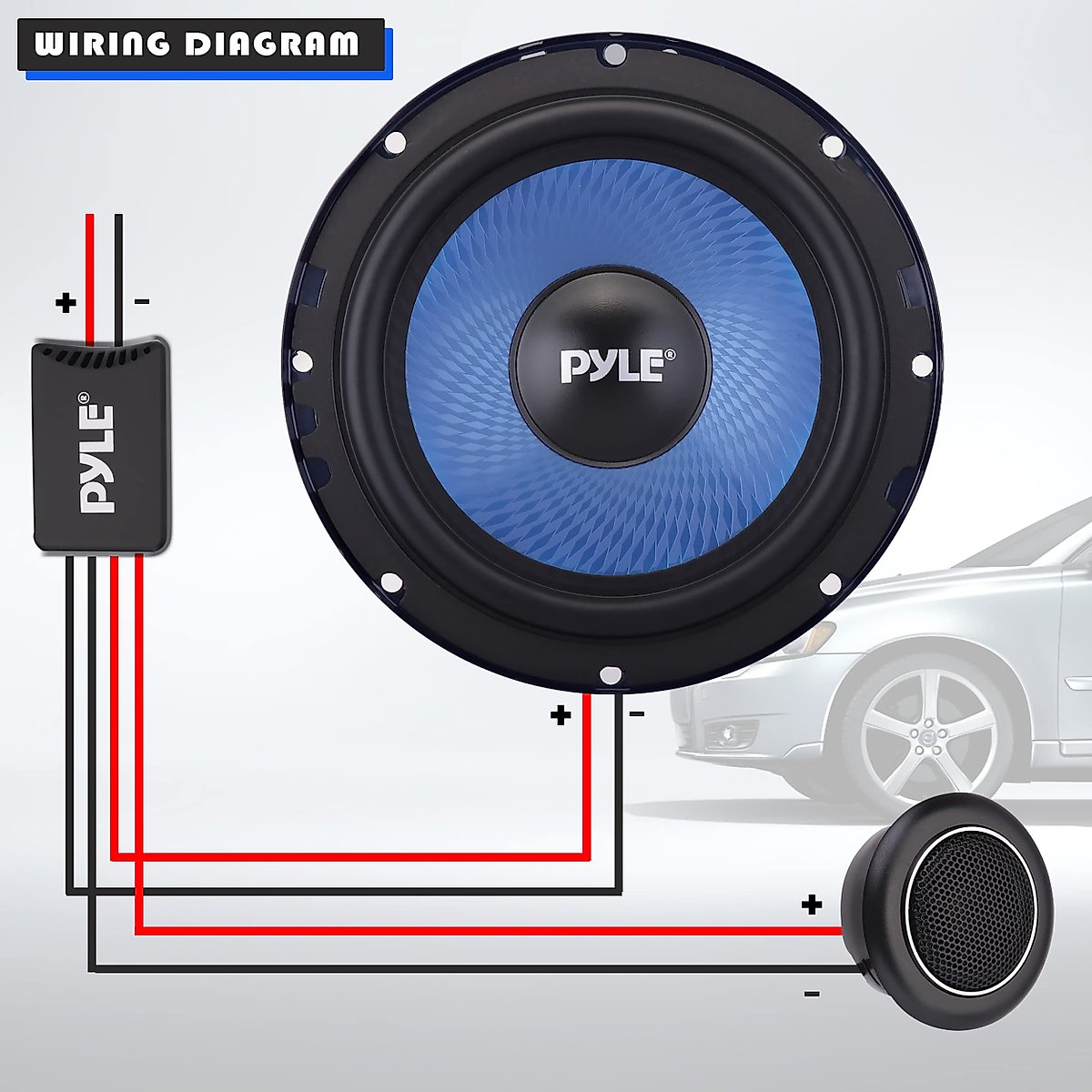 Pyle Two-Way Component Speaker System - One Pair 6.5" Two-Way Component Kit, Non-Fatiguing Butyl Rubber Surround, 360 Watts w/ 4 Ohm Impedance and 1" High-Temperature ASV Voice Coil - PL650CBL