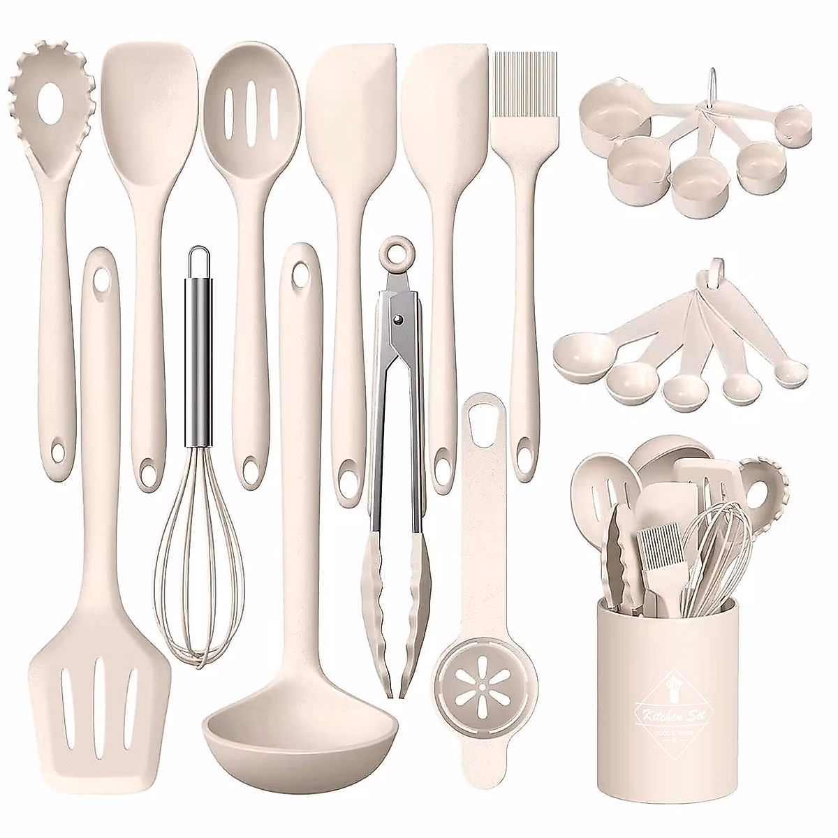 Silicone Kitchen Cooking Utensils Set,22 Pcs Heat Resistant Cooking Utensils Set, Tongs, Spoon, Spatula,Silicone Cooking Utensils Set for Nonstick Cookware,Kitchen Utensils Set (Khaki)