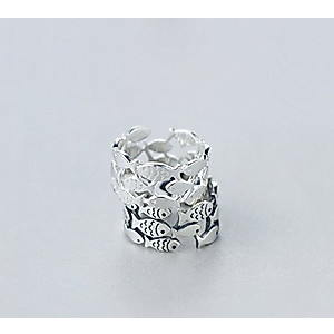 Helen de Lete Simple School Fish Geometric Pattern 925 Sterling Silver Open Ring-white silver