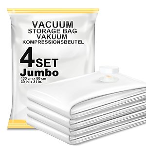 4 Pack Jumbo Vacuum Storage Bags, Durable, Double-Thickness, Space-Saving Storage Solution, Perfect for Duvets, Blankets, and Home Organization