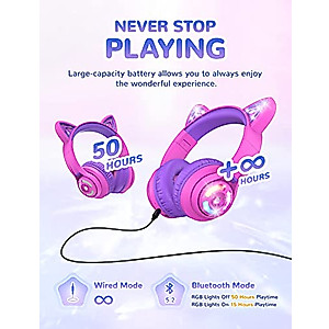 iClever Cat Ear Kids Bluetooth Headphones, LED Lights Up, 74/85/94dB Volume Limited, 50H Playtime,Bluetooth 5.2, USB C,Kids Headphones Wireless Over Ear for Travel iPad Tablet, Meow Macaron-Hot Pink