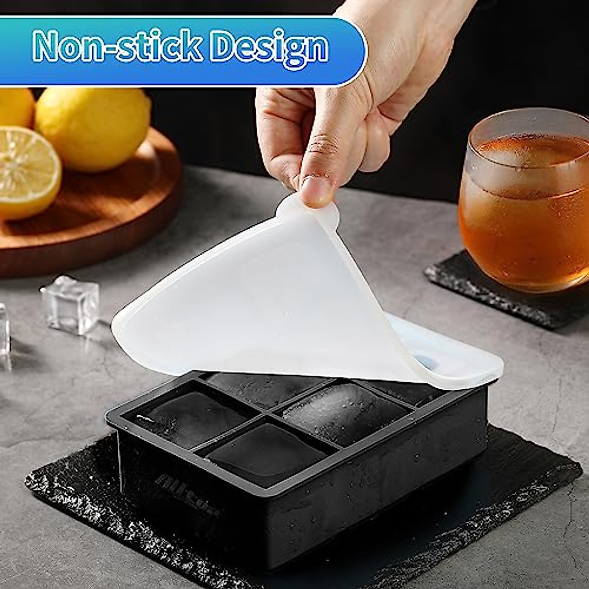 ALLTOP Large Square Ice Cube Trays,Giant Ice Block Maker with Lid for Whiskey, Cocktails,Reusable Silicone Mold, DIY, BPA Free,Freezer - 2 Packs,Black