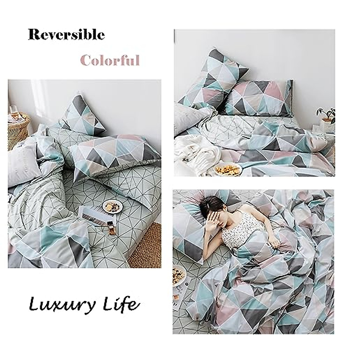 VM VOUGEMARKET Geometric Duvet Cover Queen,100% Cotton Colorful Duvet Cover Matching 2 Pillow Shams,3 Pieces Reversible Diamond Bedding Set Without Comforter-Full/Queen,Diamond