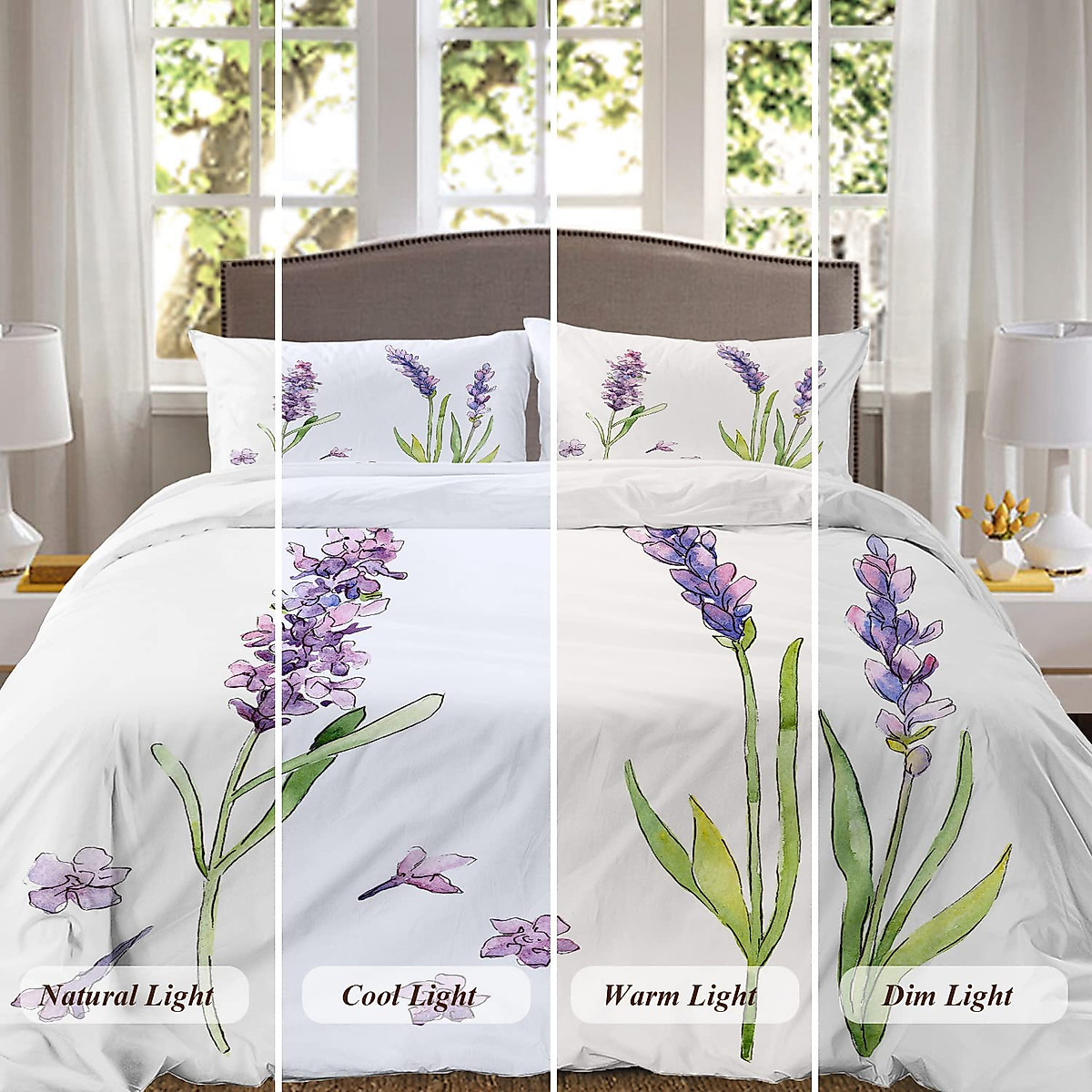 Shrahala Purple Plant Lavender Duvet Cover Set Queen Size, White Flowers Wildflower 3 Pieces Soft Brushed 100% Cotton Duvet Covers with Button Closure, 1 Duvet Cover 90x90 inches and 2 Pillow Shams