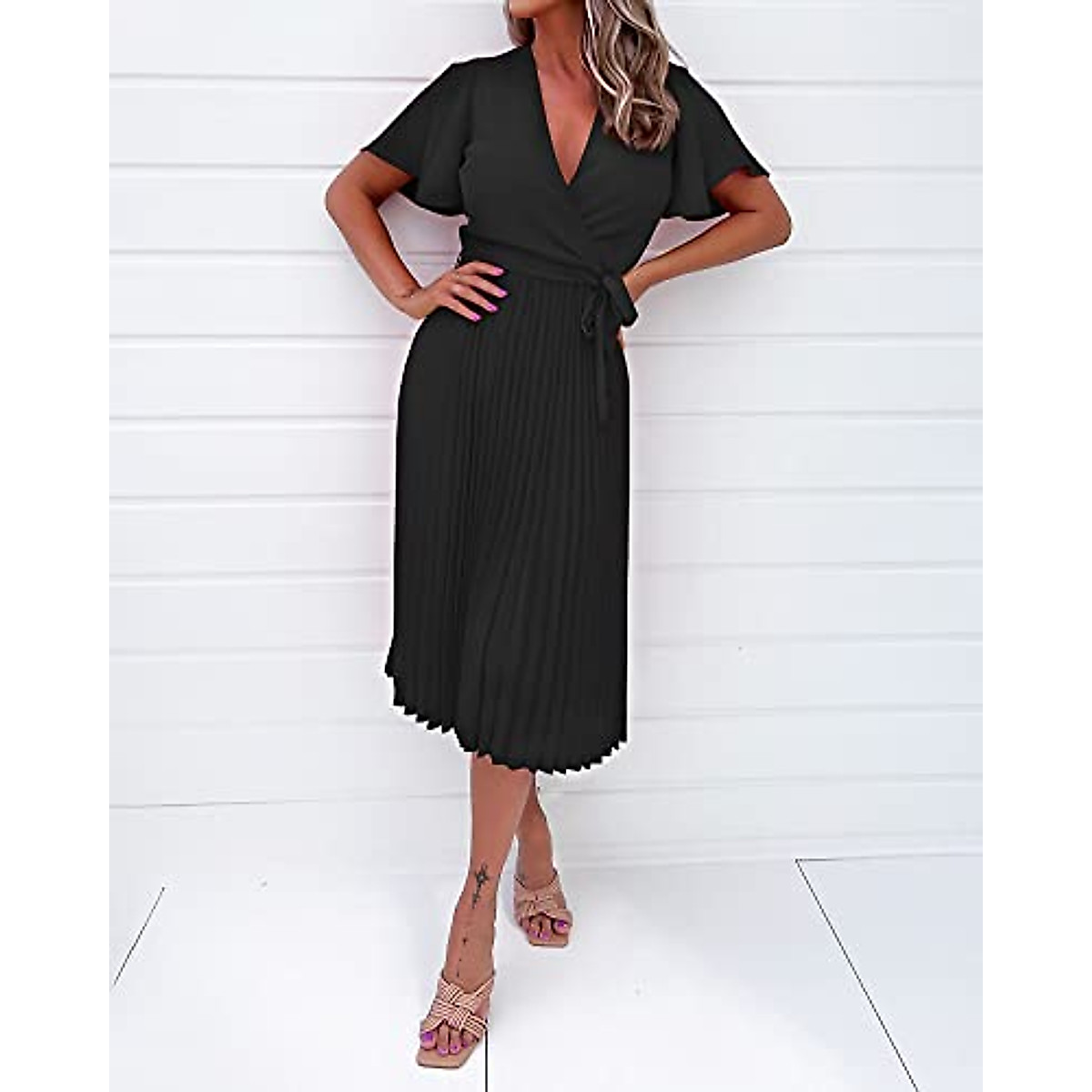 BTFBM Women Wrap V Neck Casual Summer Dresses 2023 Short Sleeve Satin Tie Waist Pleated Flowy Wedding Guest Midi Dress(Solid Black, Medium)