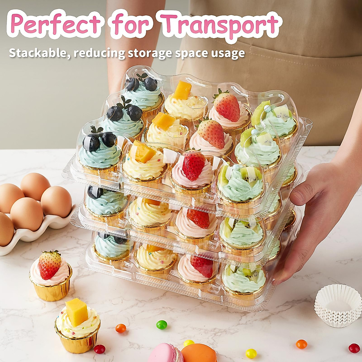 (12 Pack x 30 Sets) Gencywe Mini Cupcake Containers with 375 Pack Cupcake Liners, Plastic Cupcake Holder with High Dome, Stackable Mini Cupcake Boxes Carrier, Clear Disposable Cupcake Trays -MINI SIZE