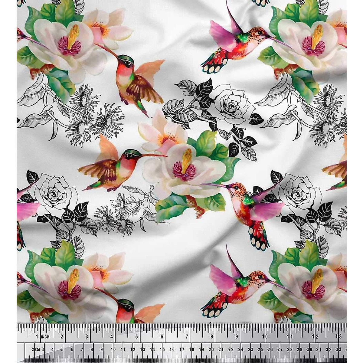 Soimoi Cotton Poplin White Fabric - by The Yard - 42 Inch Wide - Hummingbird, Leaves & Flower Floral Textile - Playful and Delicate Fusion for Stylish Creations Printed Fabric